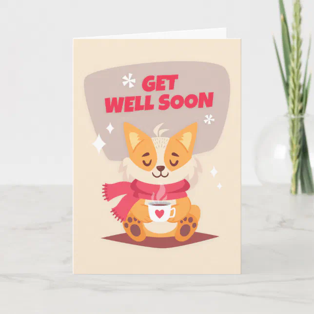 Get Well Soon Cartoon Fox with Coffee Greeting Card | Zazzle