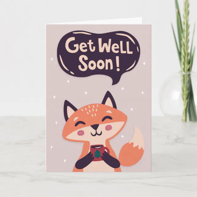 Get Well Soon Cute Fox with Coffee Greeting Card | Zazzle