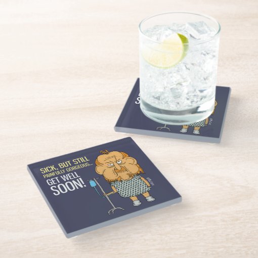Get Well Soon old man cartoon dark blue Glass Coaster | Zazzle