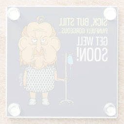 Get Well Soon old man cartoon dark blue Glass Coaster | Zazzle