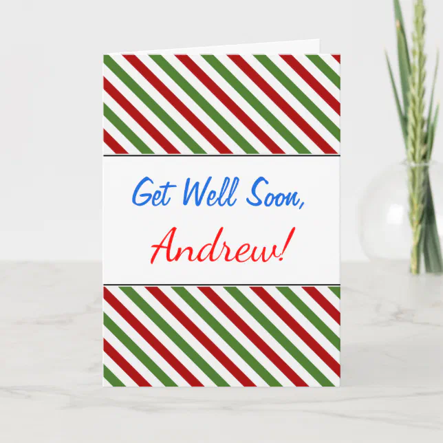 Get Well Soon + Red, White & Green Striped Pattern Holiday Card | Zazzle
