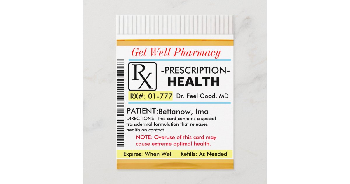 Get Well Soon RX for Health Postcard | Zazzle