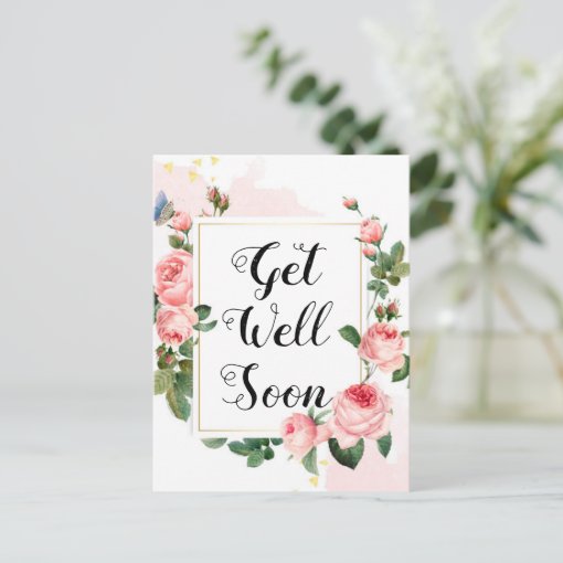 get well soon,watercolor roses background,custom postcard | Zazzle