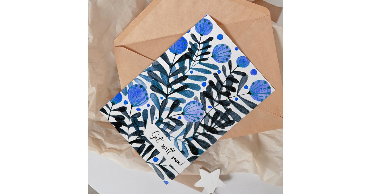 Get well soon Whimsical blue flowers and foliage Card | Zazzle