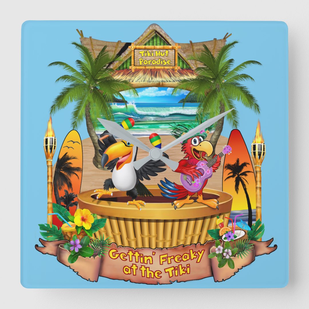 GETTIN' FREAKY AT THE TIKI SQUARE WALL CLOCK | Zazzle