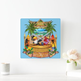 GETTIN' FREAKY AT THE TIKI SQUARE WALL CLOCK | Zazzle