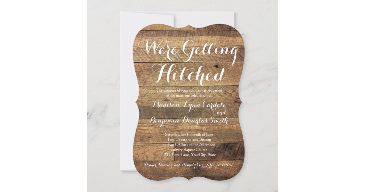 Getting Hitched Barn Wood Wedding Invitations | Zazzle