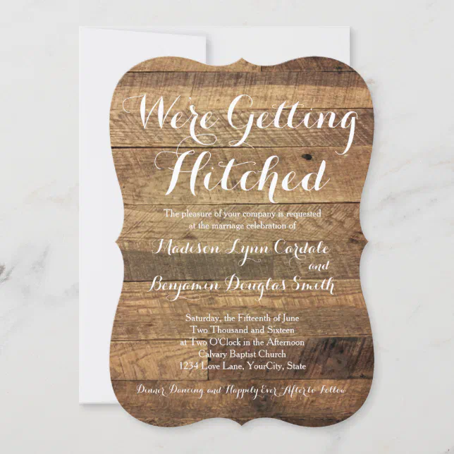 Getting Hitched Barn Wood Wedding Invitations | Zazzle