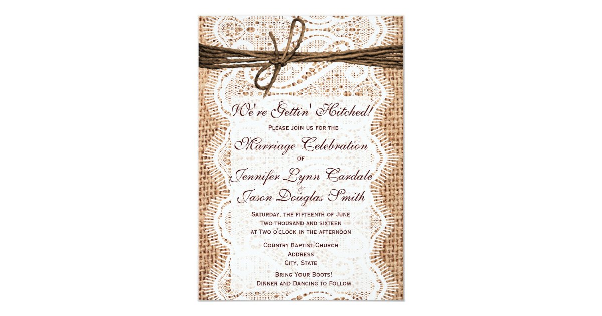 Getting Hitched Burlap Print Wedding Invitations | Zazzle.com