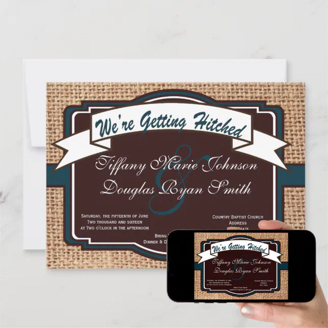Getting Hitched Burlap Rustic Wedding Invitations | Zazzle