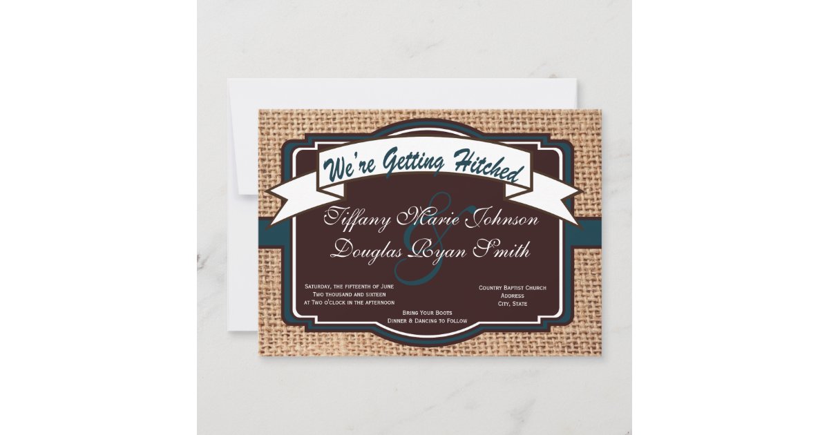 Getting Hitched Burlap Rustic Wedding Invitations | Zazzle