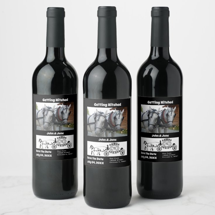 Getting Hitched Horse Wagon Photo Monogram Wine Label | Zazzle