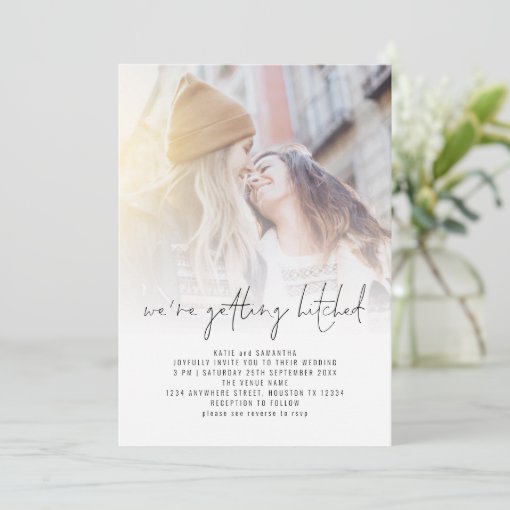 Getting Hitched Qr Photo Overlay Lesbian Wedding Invitation Zazzle