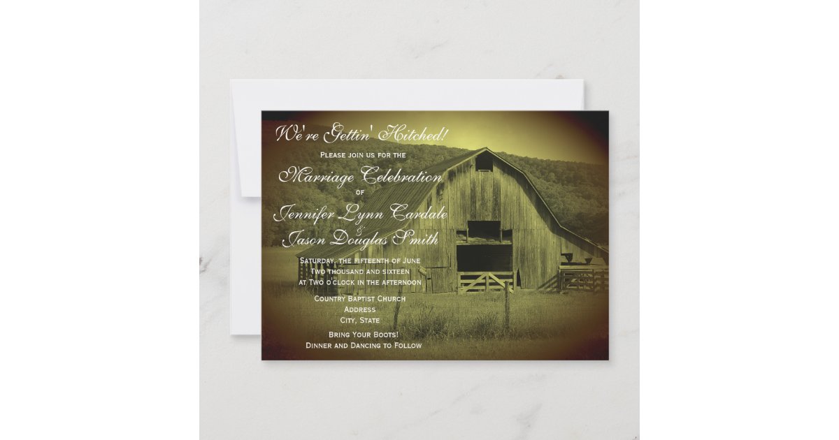 Getting Hitched Rustic Barn Wedding Invitations | Zazzle