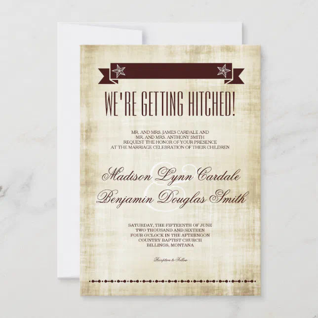 Getting Hitched Rustic Country Wedding Invitations | Zazzle