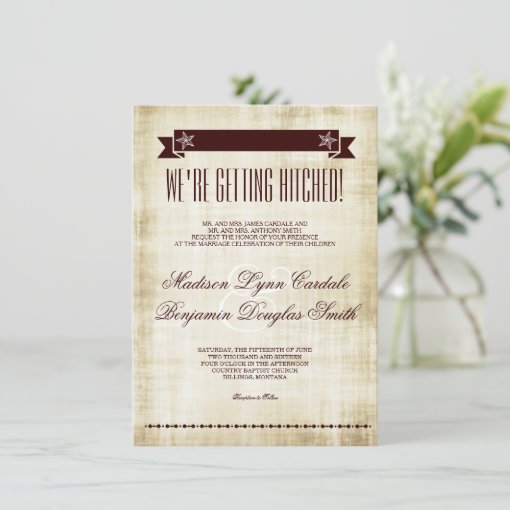 Getting Hitched Rustic Country Wedding Invitations | Zazzle