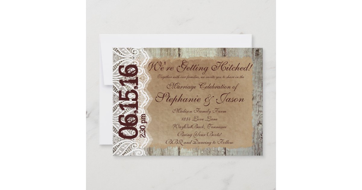Getting Hitched Rustic Country Wedding Invitations | Zazzle
