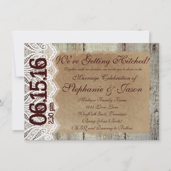 Getting Hitched Rustic Country Wedding Invitations | Zazzle.com