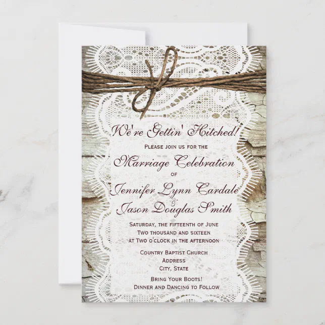 Getting Hitched Rustic Country Wedding Invitations | Zazzle