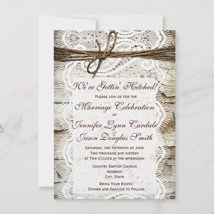 Getting Hitched Rustic Country Wedding Invitations | Zazzle