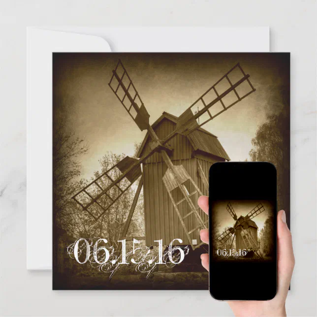 Getting Hitched Rustic Windmill Wedding Invitation | Zazzle