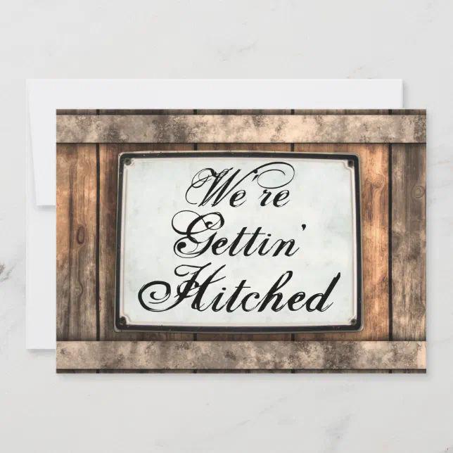Getting Hitched Rustic Wood Wedding Invitations | Zazzle