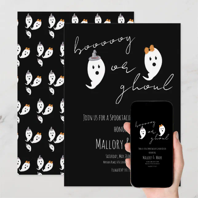 Ghost Ghoul Halloween Gender Reveal Party Black Invitation | Zazzle