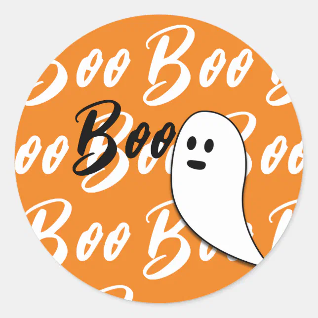 Ghost Halloween black white orange boo Classic Round Sticker | Zazzle