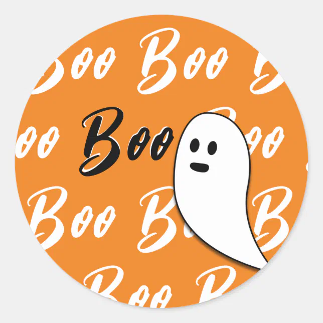 Ghost Halloween black white orange boo Classic Round Sticker | Zazzle