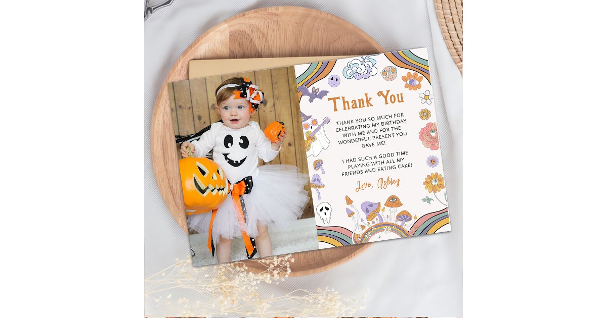 Ghost Halloween Groovy Birthday Photo Thank You Card | Zazzle