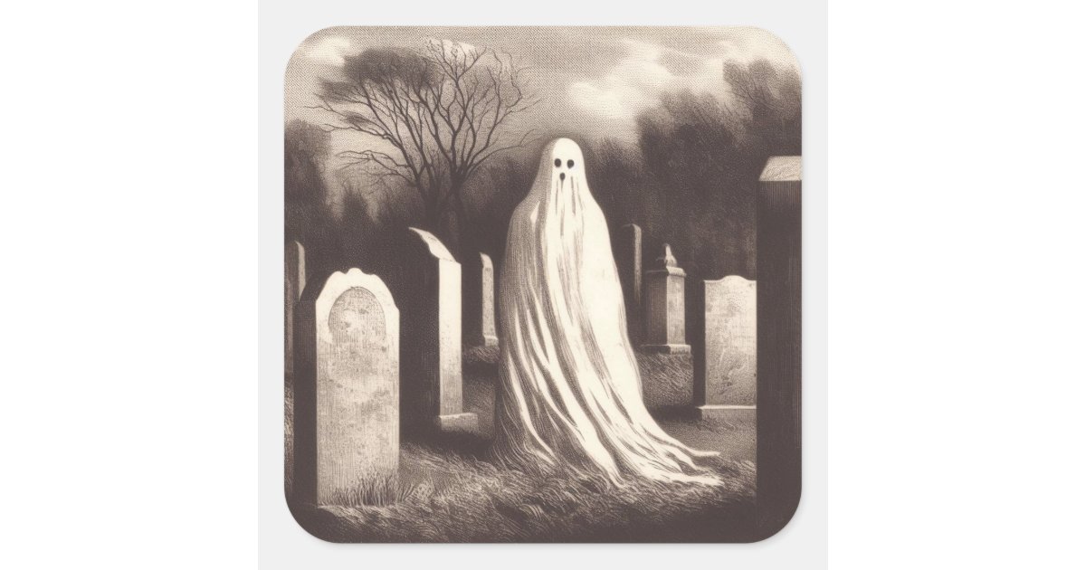 Ghost in Graveyard Vintage Illustration Sticker | Zazzle