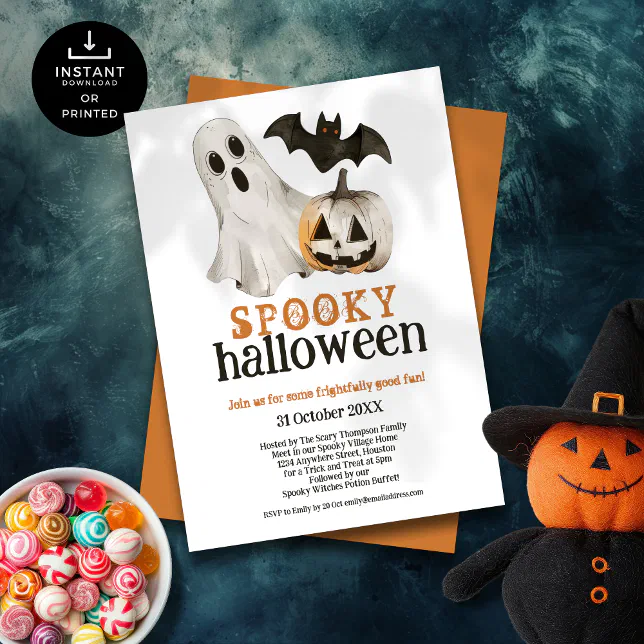 Ghost Pumpkin Bat Spooky Halloween White Invitation | Zazzle