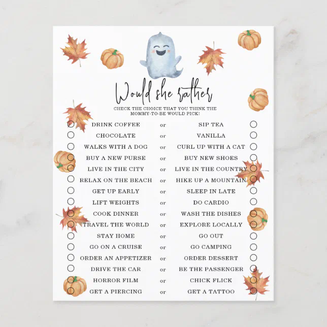 Ghost - Would she rather - baby shower game | Zazzle
