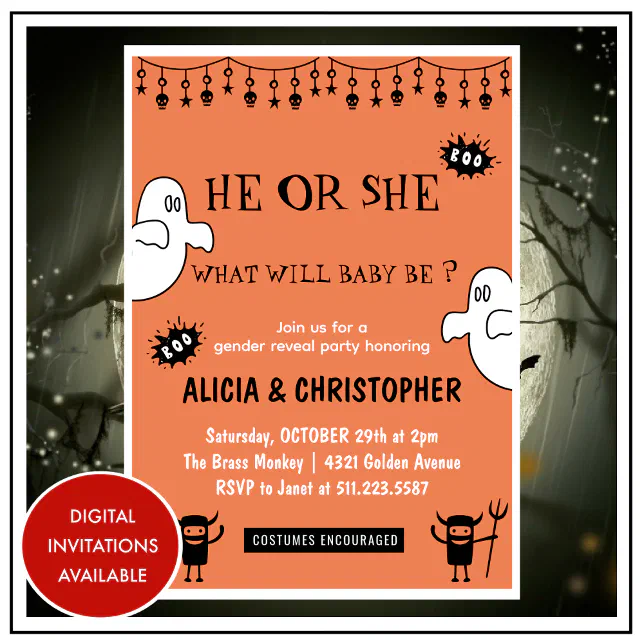 Ghosts Orange October Halloween gender reveal Invitation | Zazzle