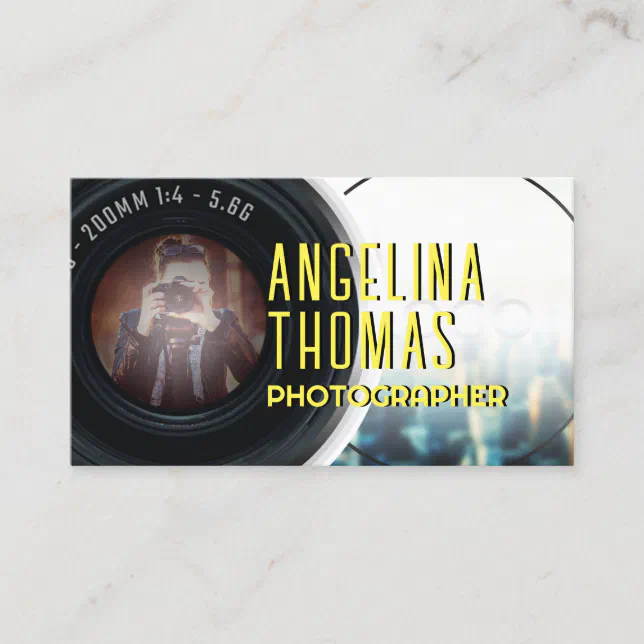 Giant camera lens portrait photo and logo business card | Zazzle