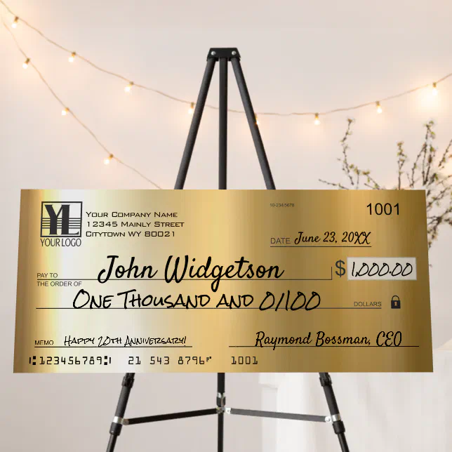 Giant faux presentation check charity bonus prize foam board | Zazzle