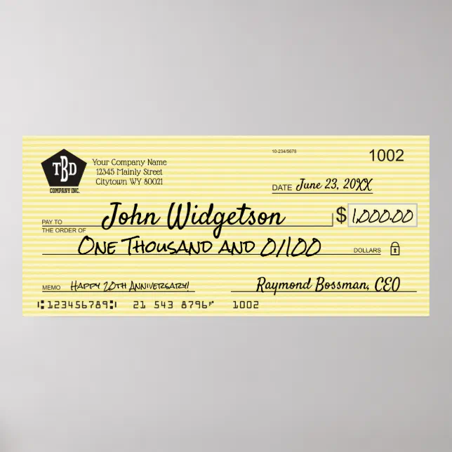 Giant faux presentation check charity bonus prize poster | Zazzle