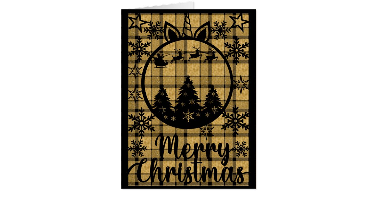 Giant Gold and Black Plaid Behind Black Christmas Card | Zazzle