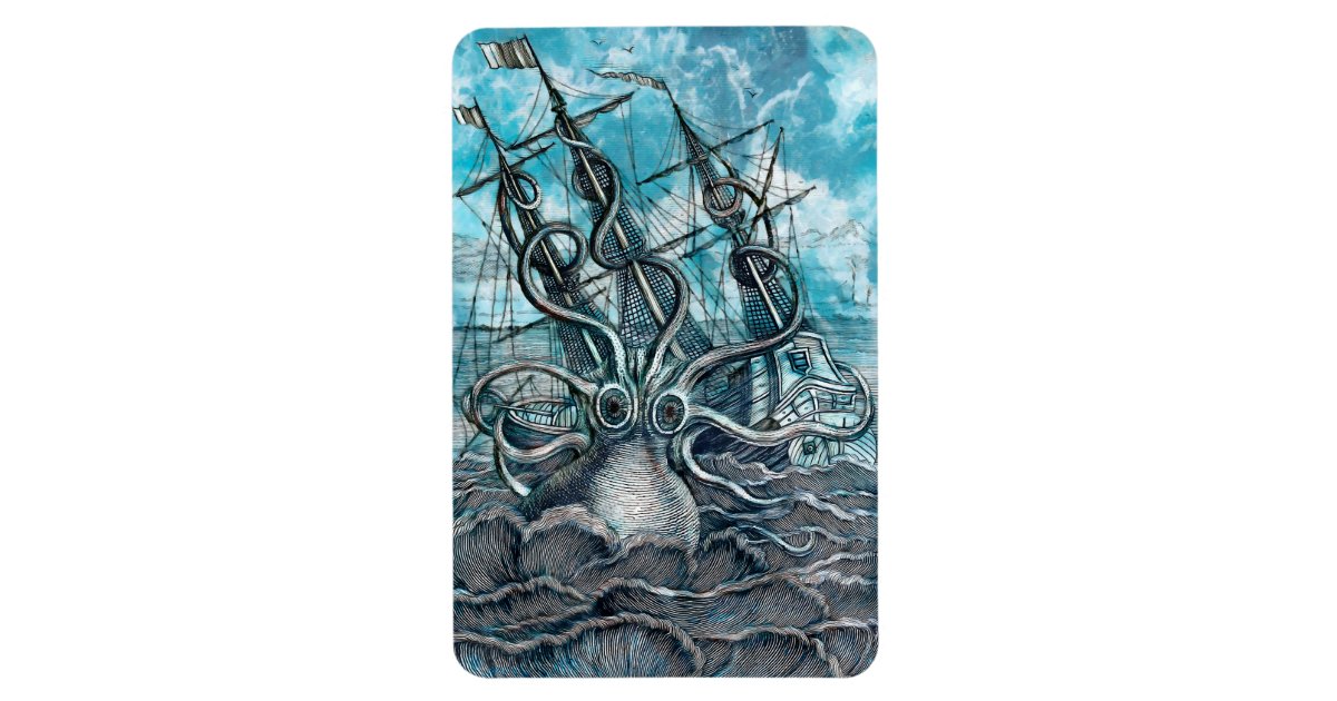 Giant Octopus Blue Sea Monster Sailboat Magnet | Zazzle