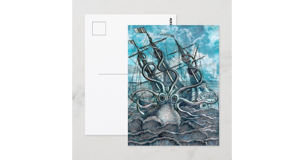 Giant Octopus Blue Sea Monster Sailboat Postcard | Zazzle