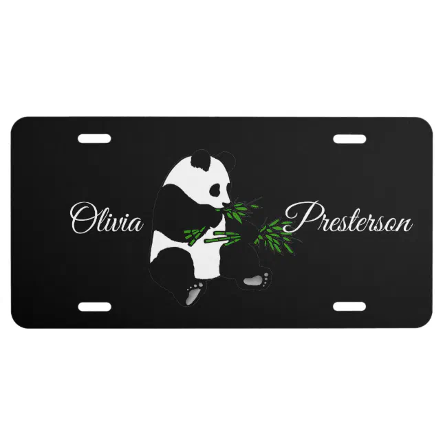Giant Panda Eats Bamboo Black License Plate | Zazzle
