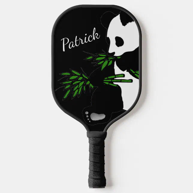 Giant Panda Eats Bamboo Name Black Pickleball Paddle | Zazzle