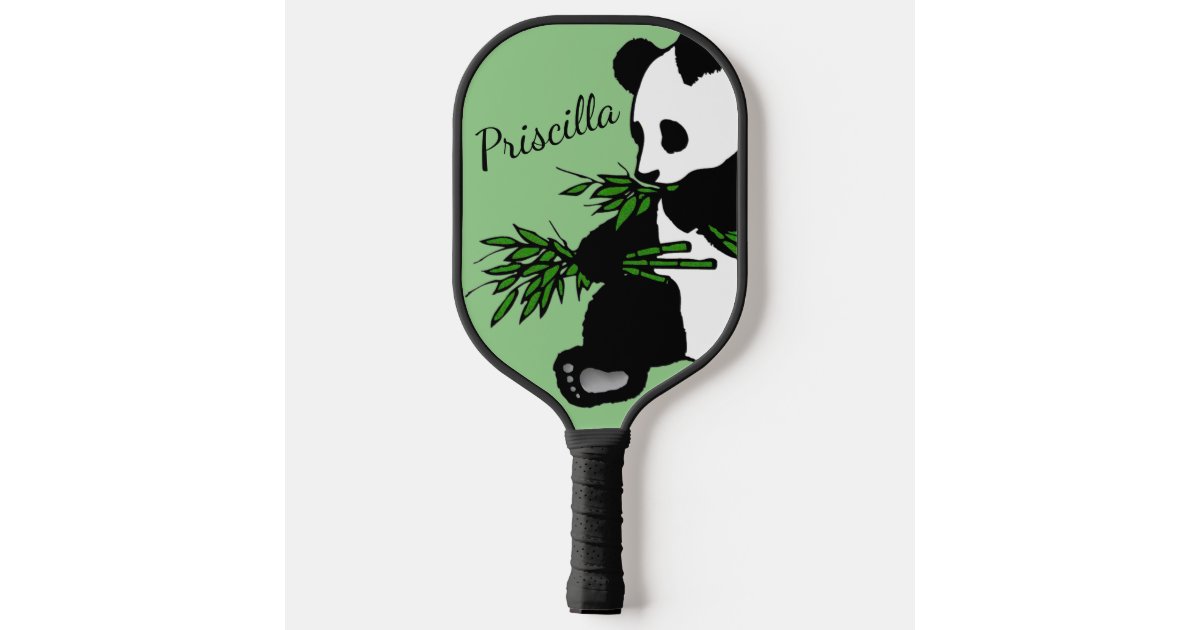 Giant Panda Eats Bamboo Name Green Pickleball Paddle | Zazzle
