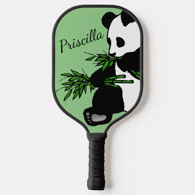 Giant Panda Eats Bamboo Name Green Pickleball Paddle | Zazzle