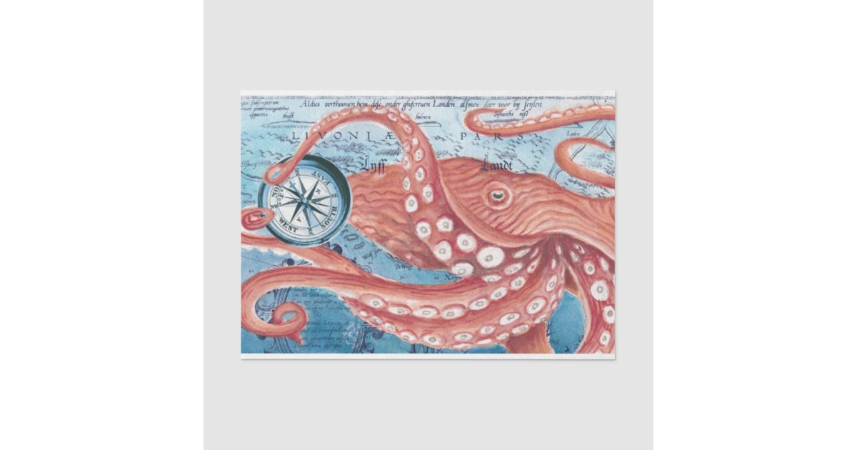 Giant Red Pacific Octopus Compass Vintage Map Art Tissue Paper | Zazzle