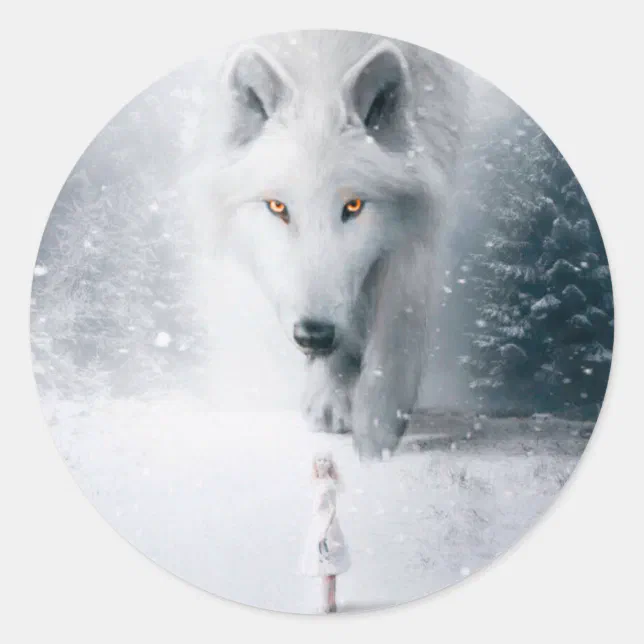 Giant white wolf classic round sticker | Zazzle
