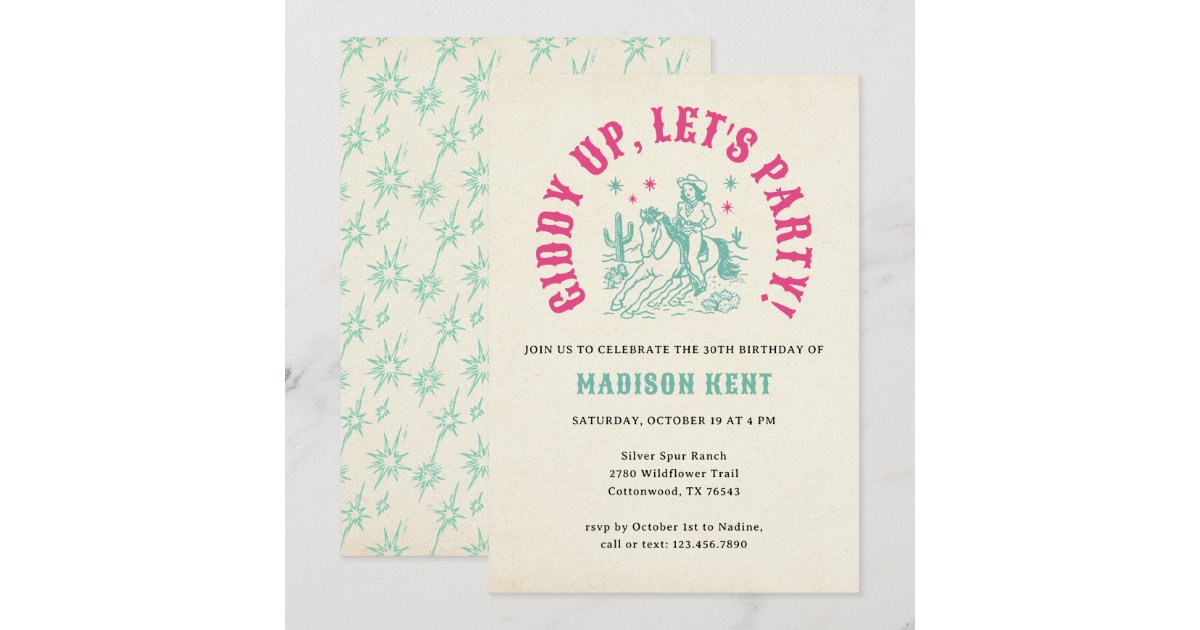 Giddy Up Let's Party Fun Modern Cowgirl Birthday Invitation | Zazzle