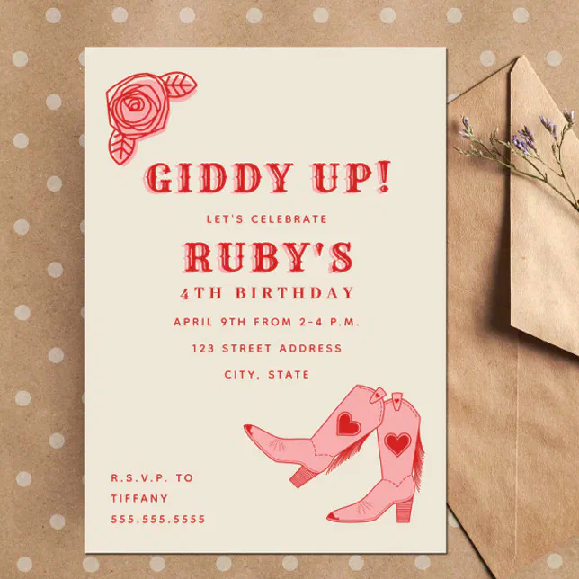 Giddy Up Pink Cowgirl Boots Rose Birthday Invitation | Zazzle