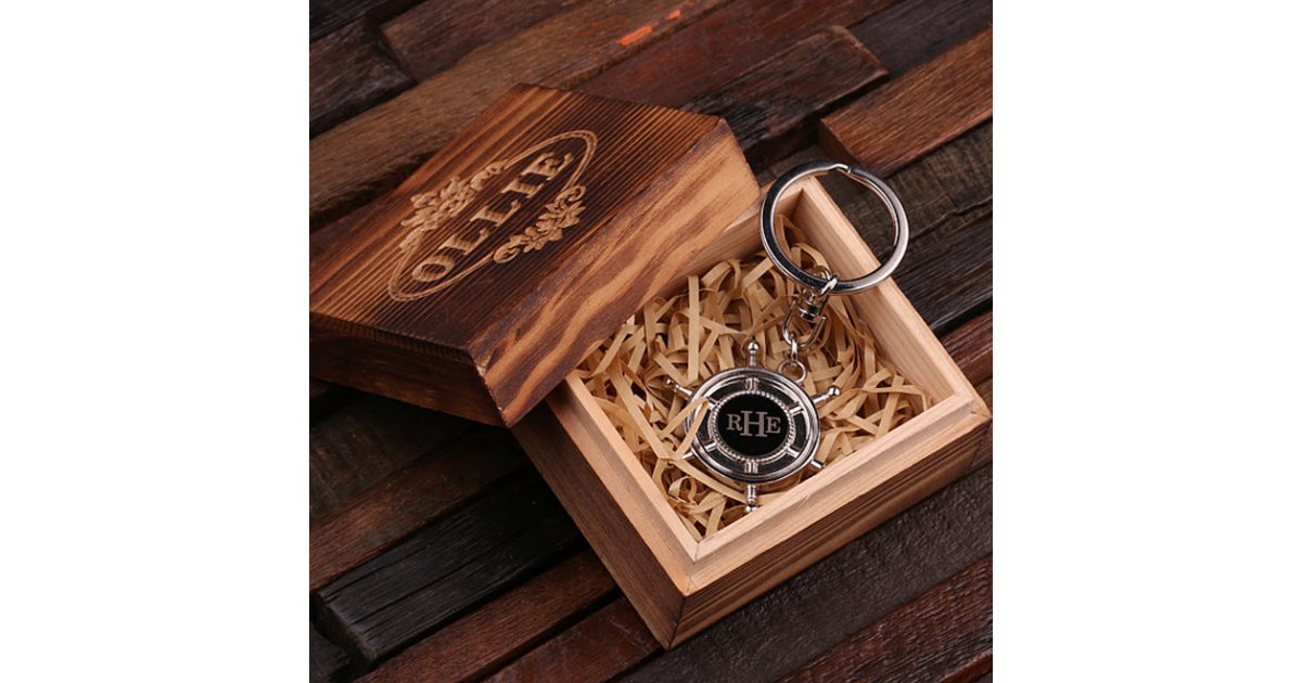 Gift Box & Classic Monogram Ship's Wheel Keychain | Zazzle