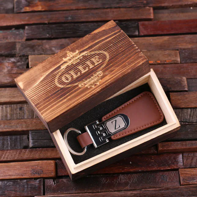 Gift Box with Monogram Brown Leather Keychain | Zazzle